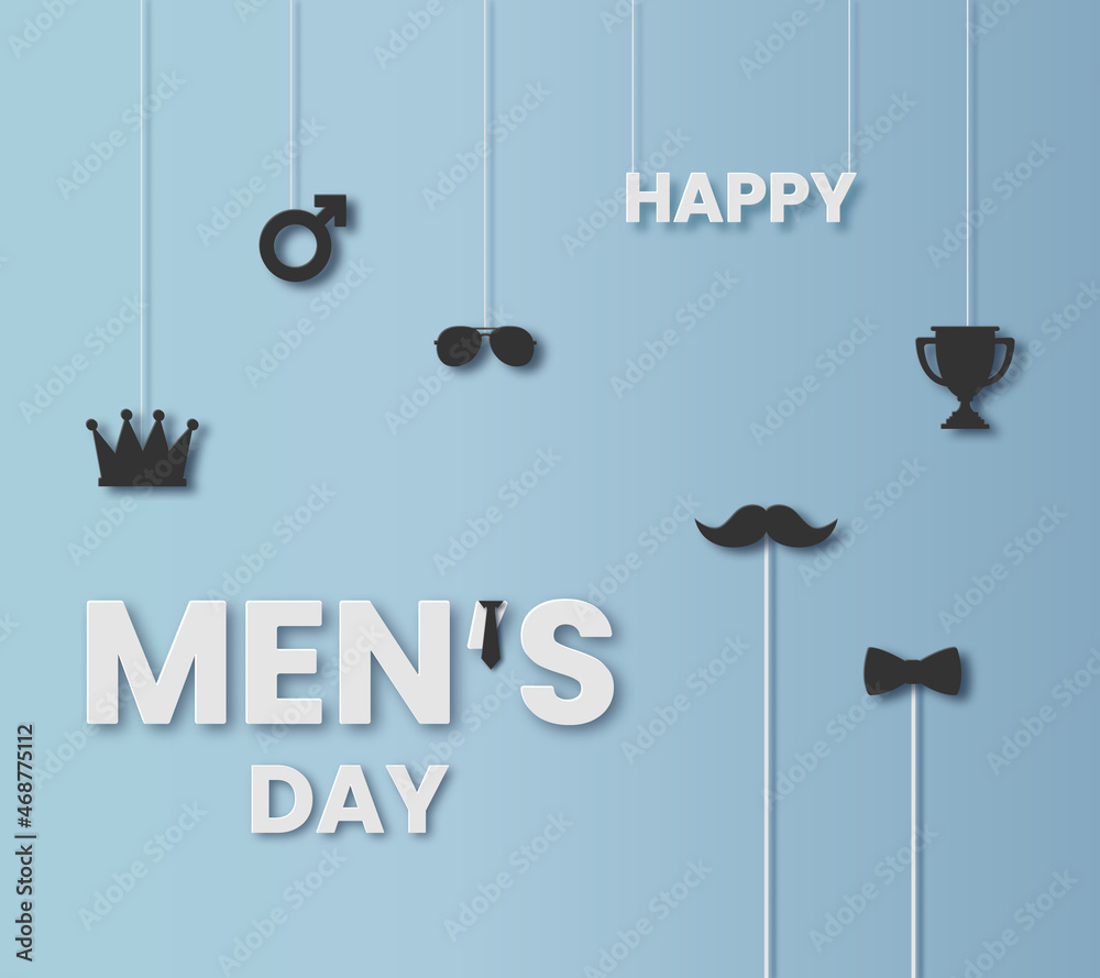 Happy Mens Day vector illustration in paper cut style with icons and ...