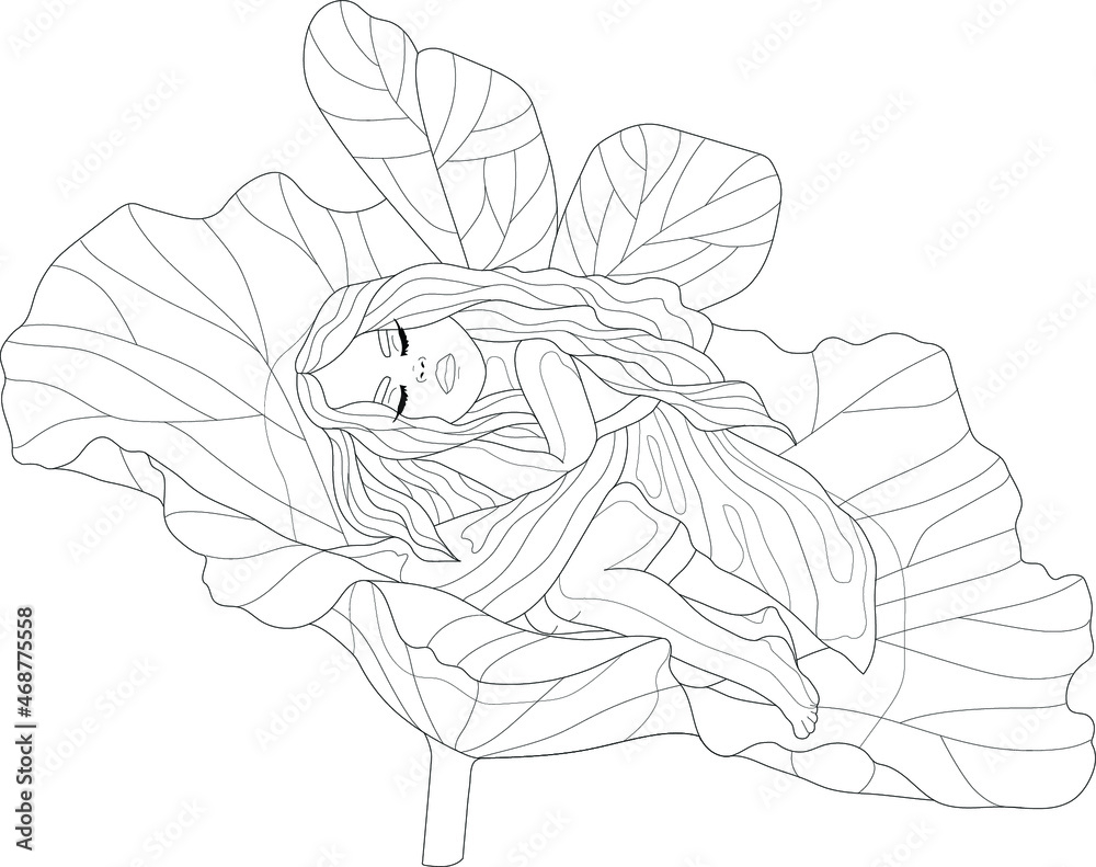 Cute cartoon little elf girl sleeping in leaf sketch template. Fairy ...