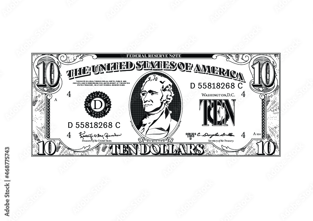 Ten Dollar Bill, Vector, Black & White Stock Vector | Adobe Stock
