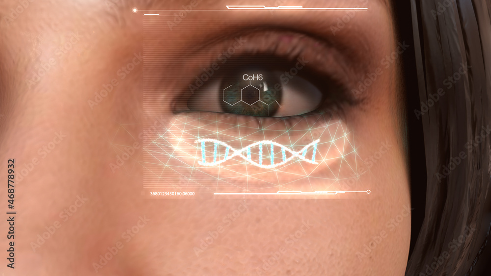 DNA scan motion graphic effect on eye skin woman with 3d rendering ...