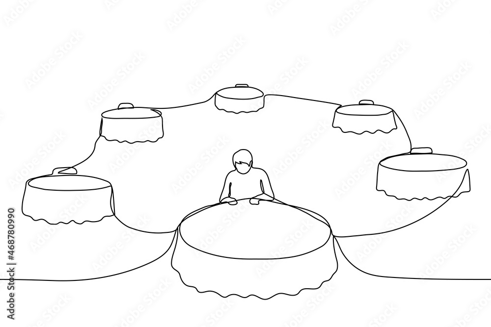 man sits alone at round table in hall with empty tables - one line ...