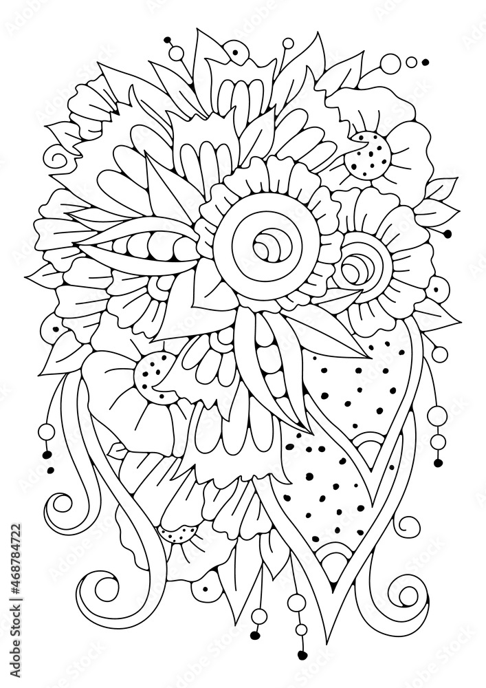 Coloring page with flowers. Vector background for coloring. Art line ...