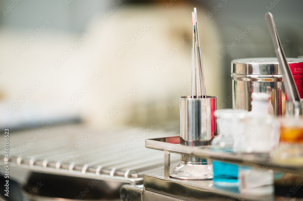 First Aid Kit set of dressing wound instrument on sterile table Stock ...