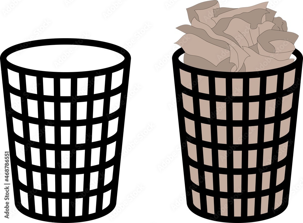 Waste paper basket. Empty basket and full paper trash bin. Vector ...