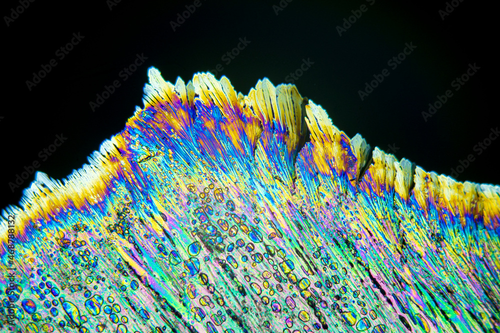 Colorful crystals under microscope, polarization colors, polar filters ...