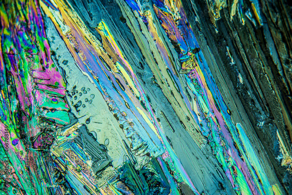 Colorful crystals under microscope, polarization colors, polar filters ...