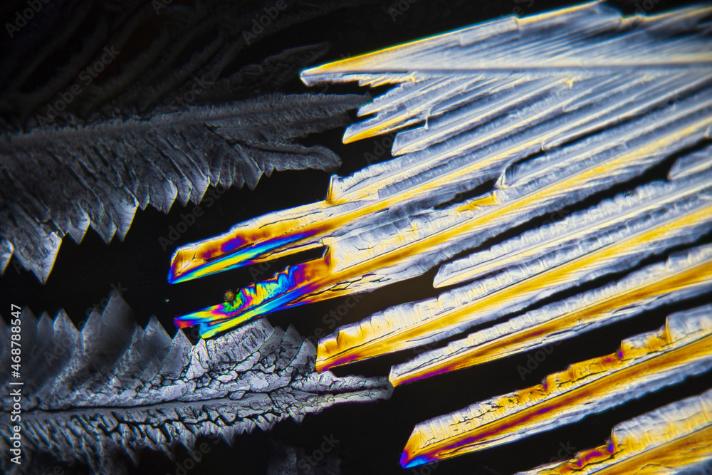 Colorful crystals under microscope, polarization colors, polar filters ...