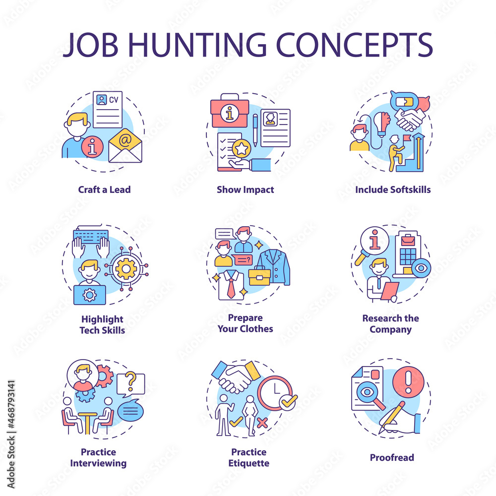 Job hunting concept icons set. Attracting talents idea thin line color ...