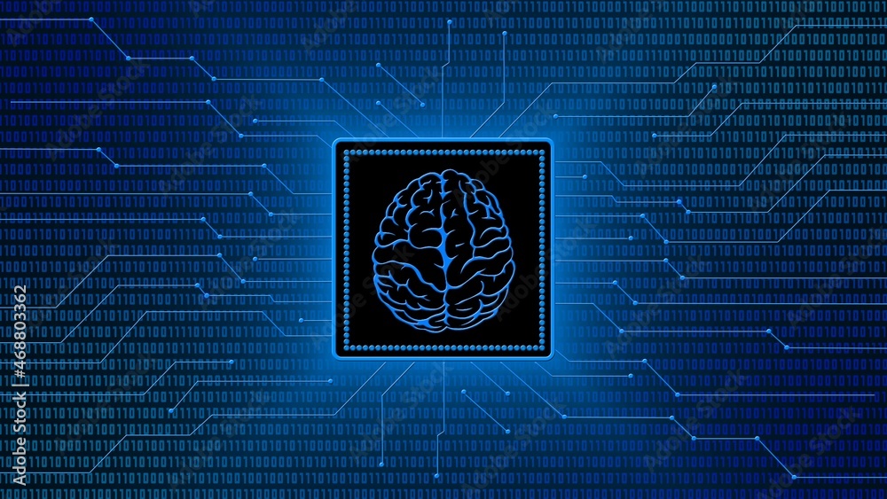 Brain symbol in frame with information connection lines on digital ...