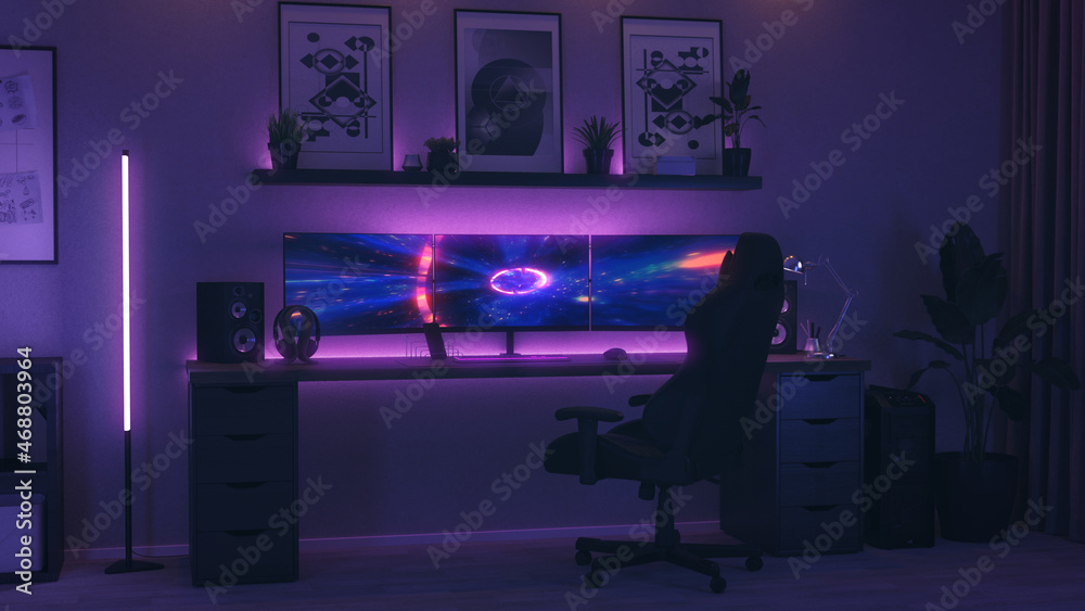 Games room with a cyber gamer computer. 3d render of neon lighting 素材庫 ...