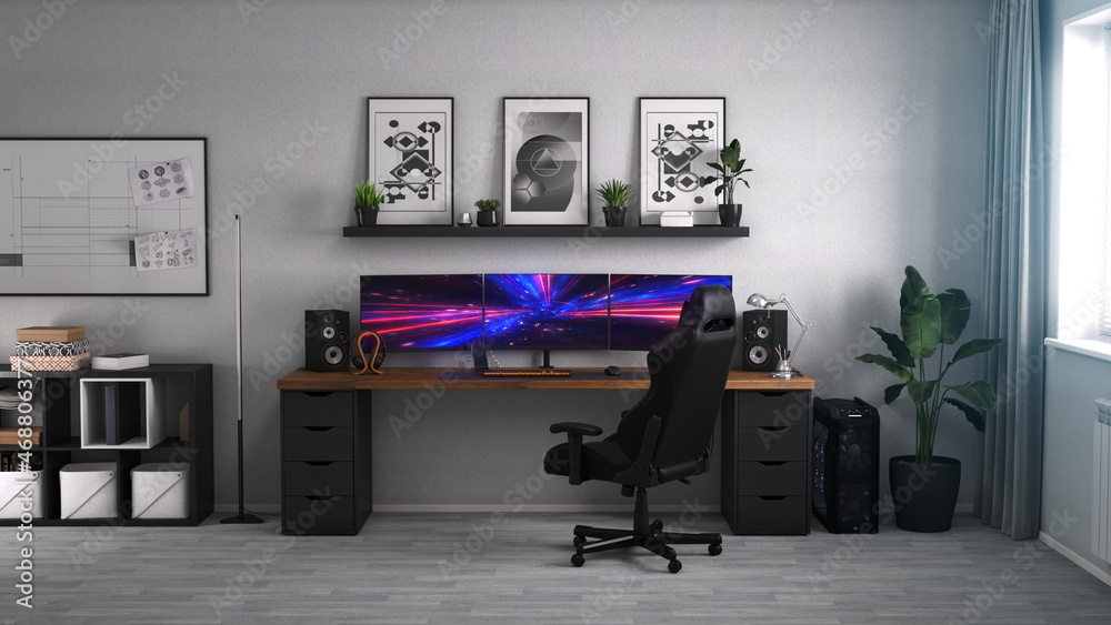 Games room with a cyber gamer computer. 3d render of neon lighting ...