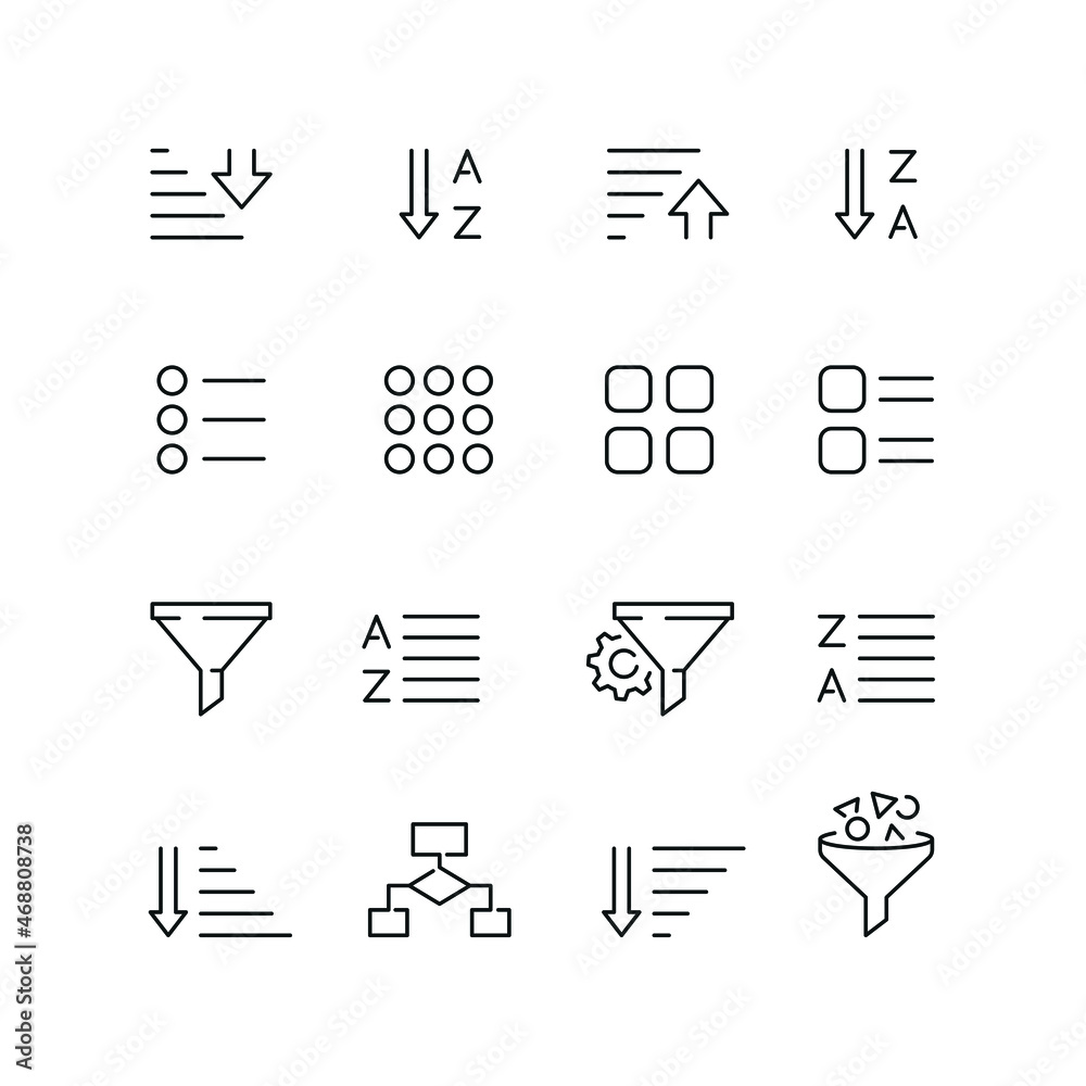Filtering and sorting related icons: thin vector icon set, black and ...