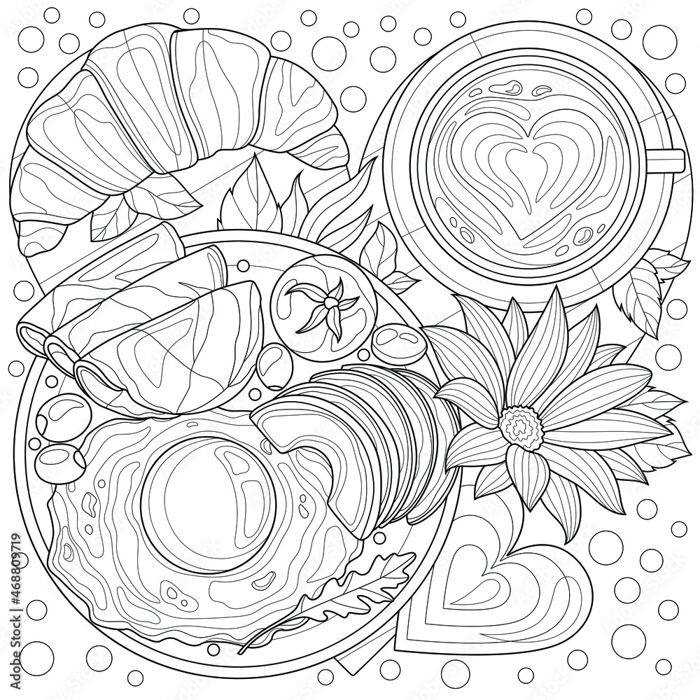 Heart shaped breakfast. Fried eggs with avocado, coffee and croissant ...