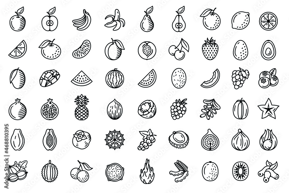 Fruits, exotic fruits and berries icon set. Vector isolated icons ...