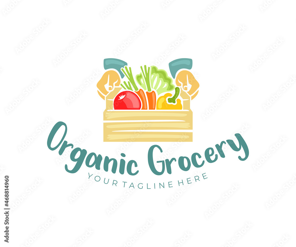 Hands hold a wooden box with vegetables and fruits, logo design ...