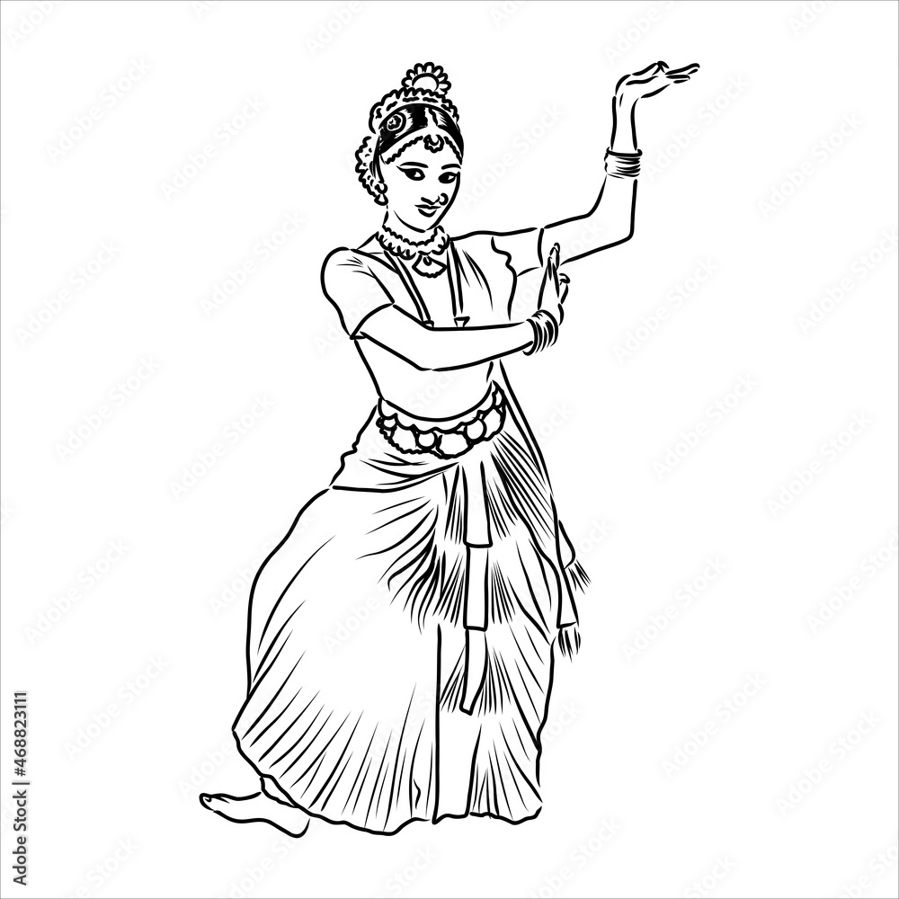 Outline sketch of indian woman dancer dancing Stock Vector | Adobe Stock