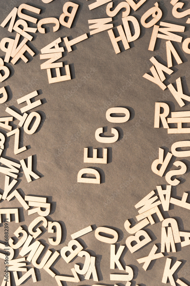 Deco Word In Wooden Cube Alphabet Letters Top View On A rustic paper ...