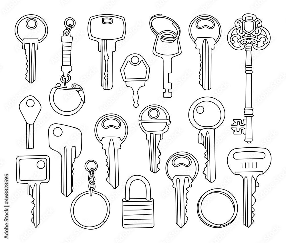 House Key Outline Set A Sketch Of An Object Opening A Door Lock Keychain Ring Hand Drawn Thin