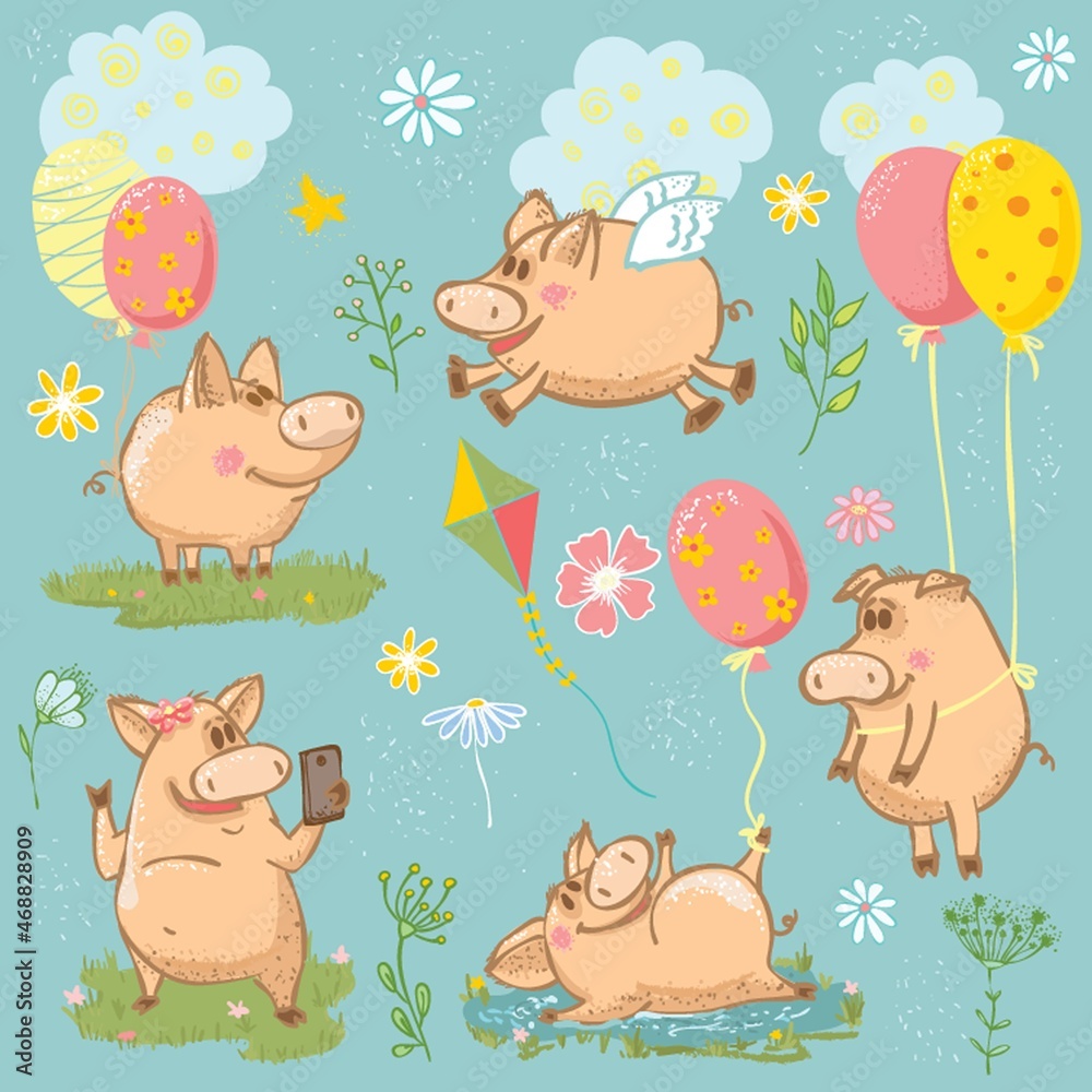 Set of Vector Cartoon Illustration. Cute Pigs in Different Poses for ...