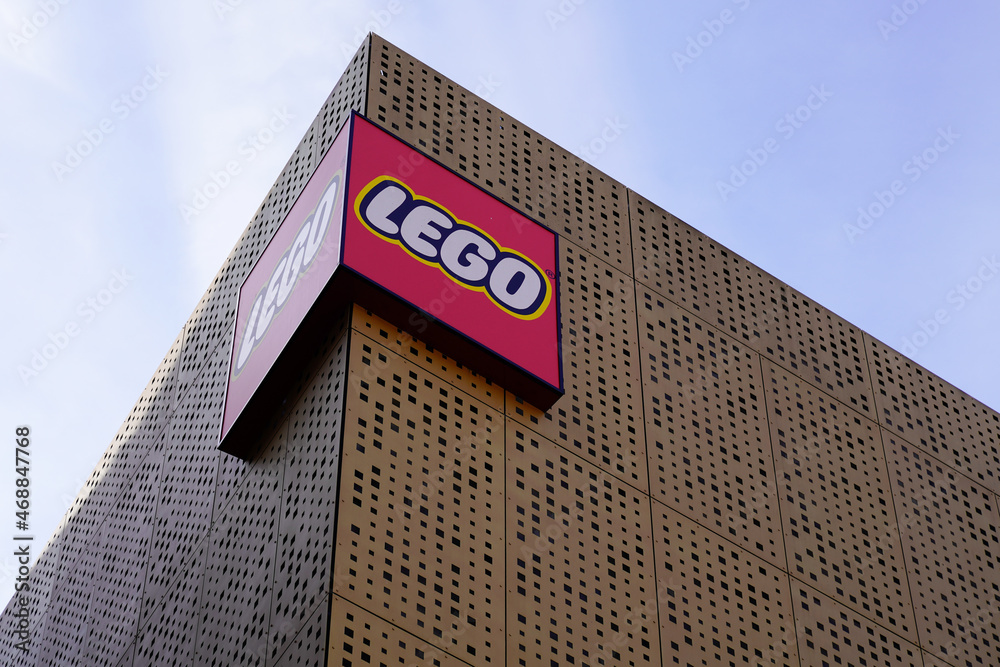 LEGO logo brand and text sign on store Imagination Center shop building ...