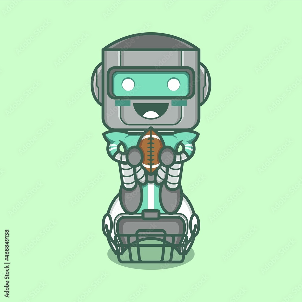 cute cartoon robot character become rugby player. vector illustration ...
