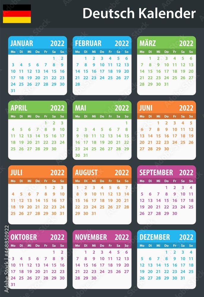 German Calendar for 2022. Scheduler, agenda or diary template. Week ...