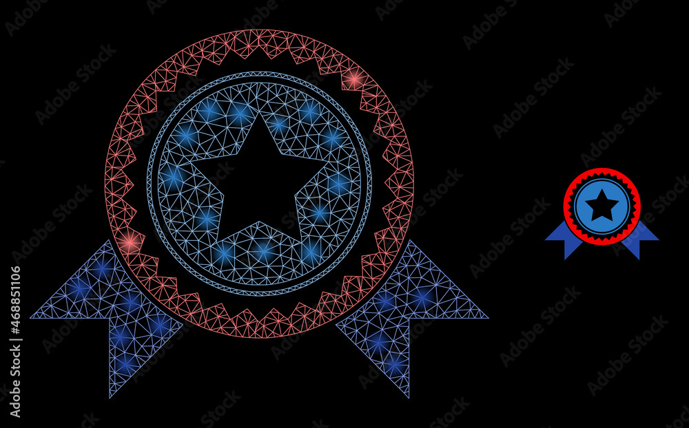 Glossy polygonal mesh web star stamp with ribbons icon with glitter ...