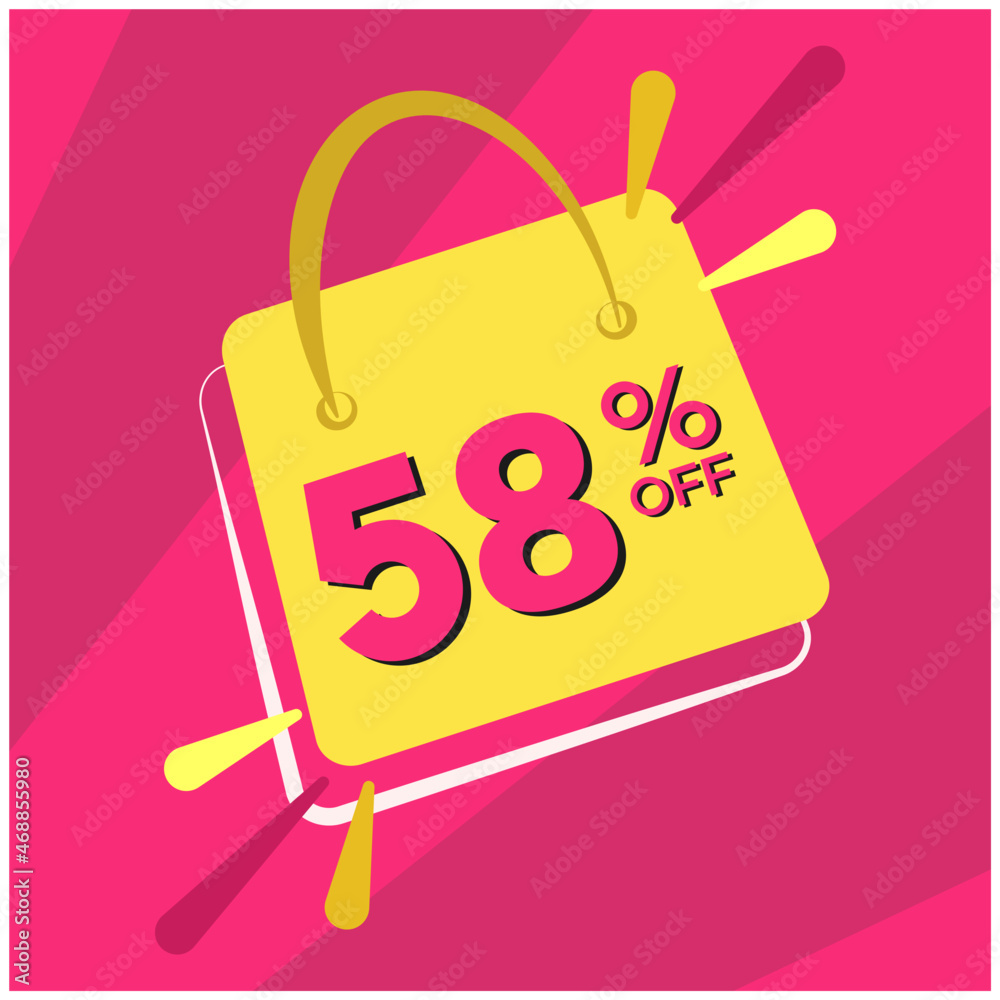 58 percent discount. Pink banner with floating bag for promotions and ...