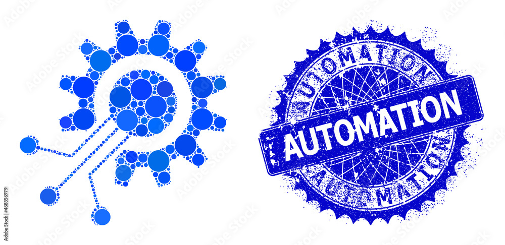 Cog interface vector mosaic of dots in different sizes and blue color tones, and scratched ...