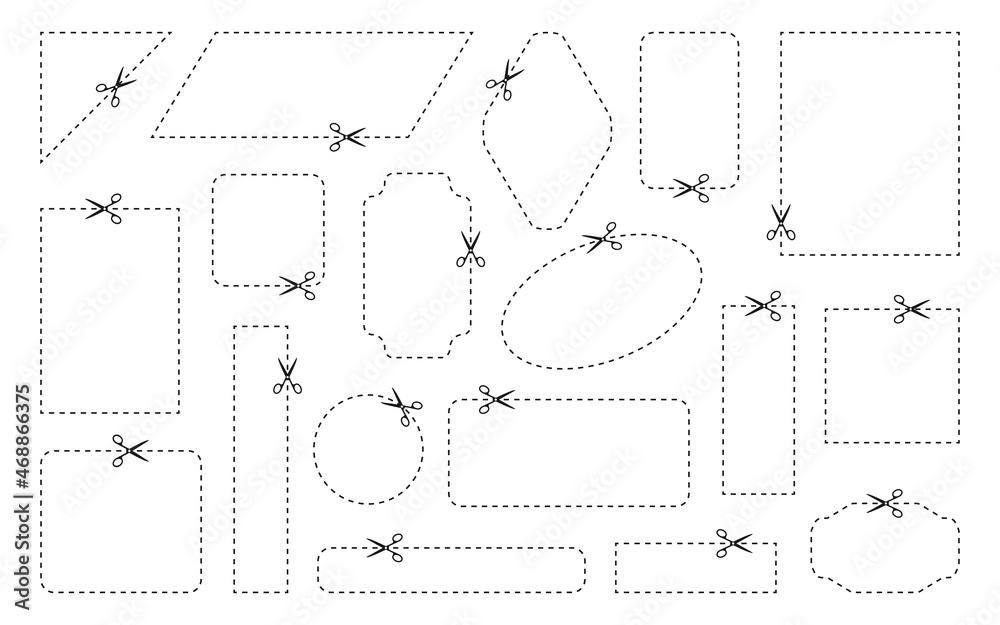 Empty coupon borders with thin dotted line. Set of different shapes ...