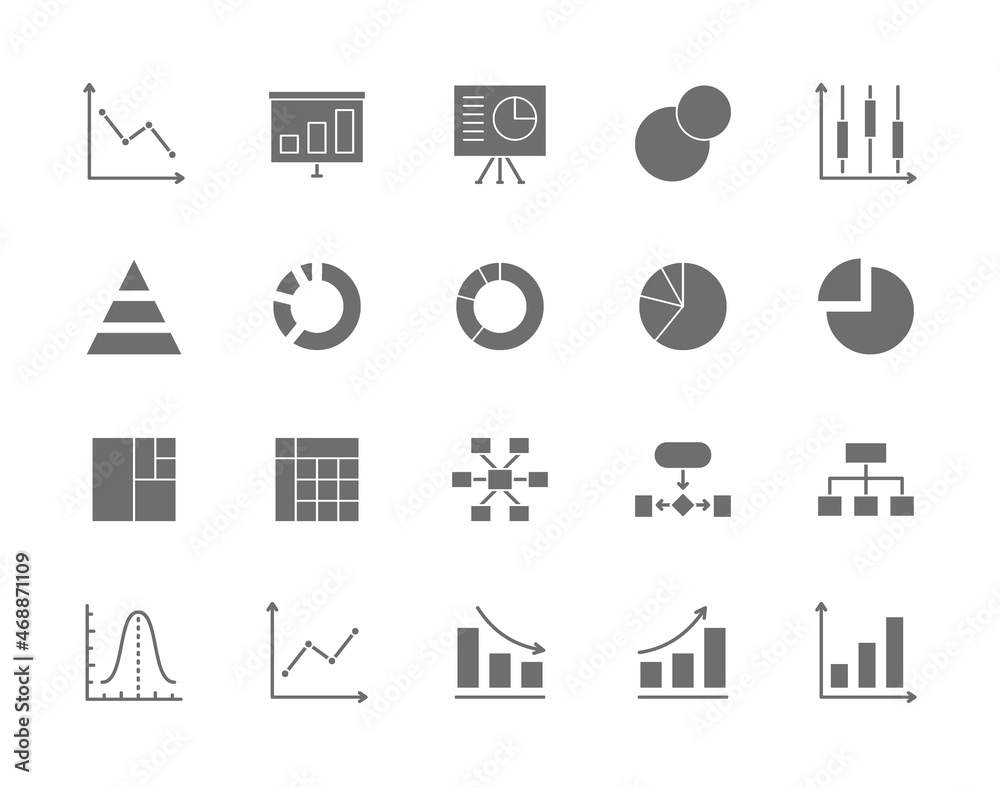 Set of Graph and Chart Grey Icons. Pie Chart, Statistics, Presentation ...