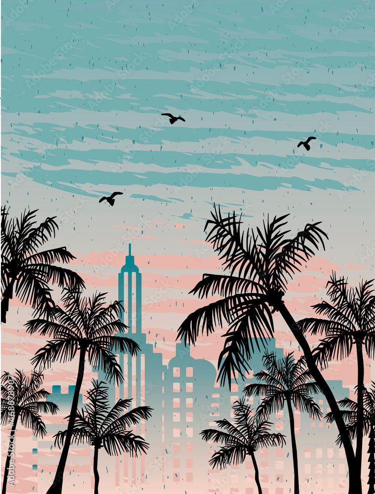 miami vector. palm trees vector sketch. silhouette skyscraper. vector ...