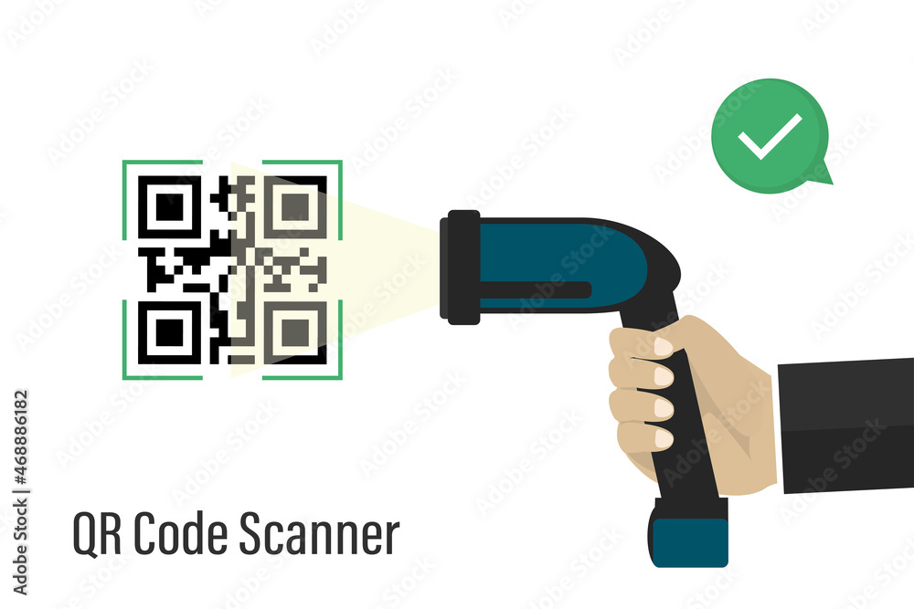 Cartoon hand hand uses qr code scanner. Wireless machine scans the code ...
