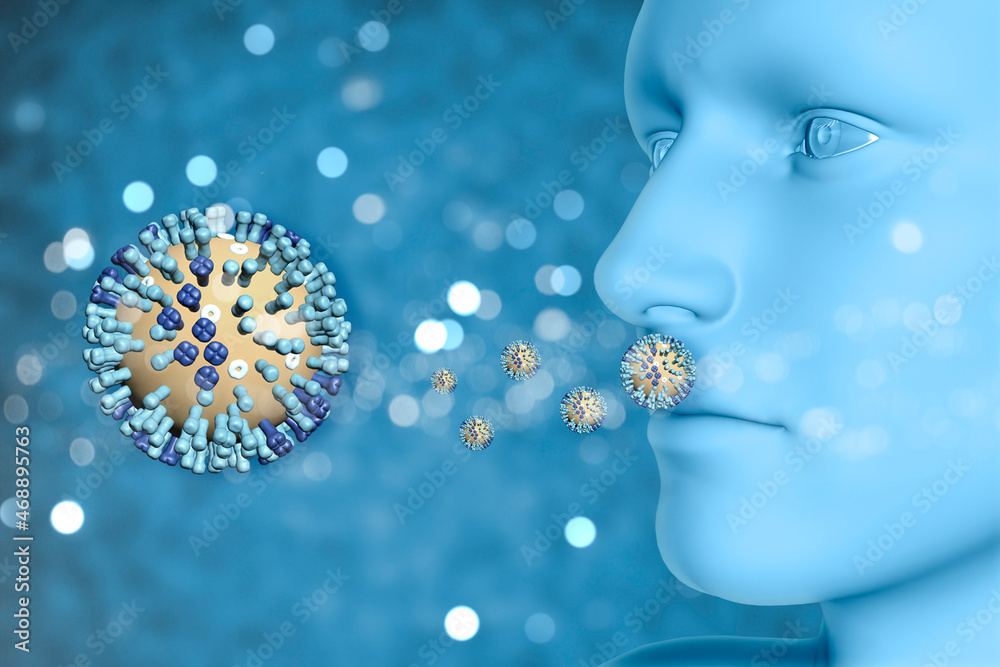 3D medical background with male figure and flu virus cells Stock ...