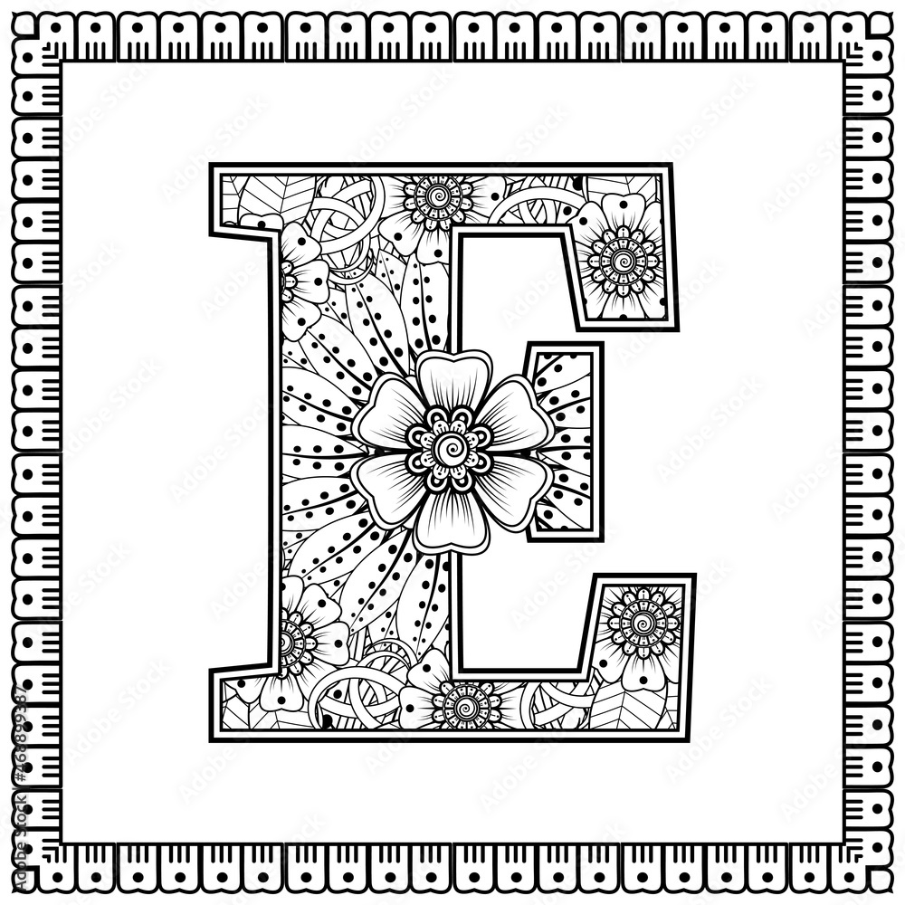The Letter E Designed Flowers Coloring Pages