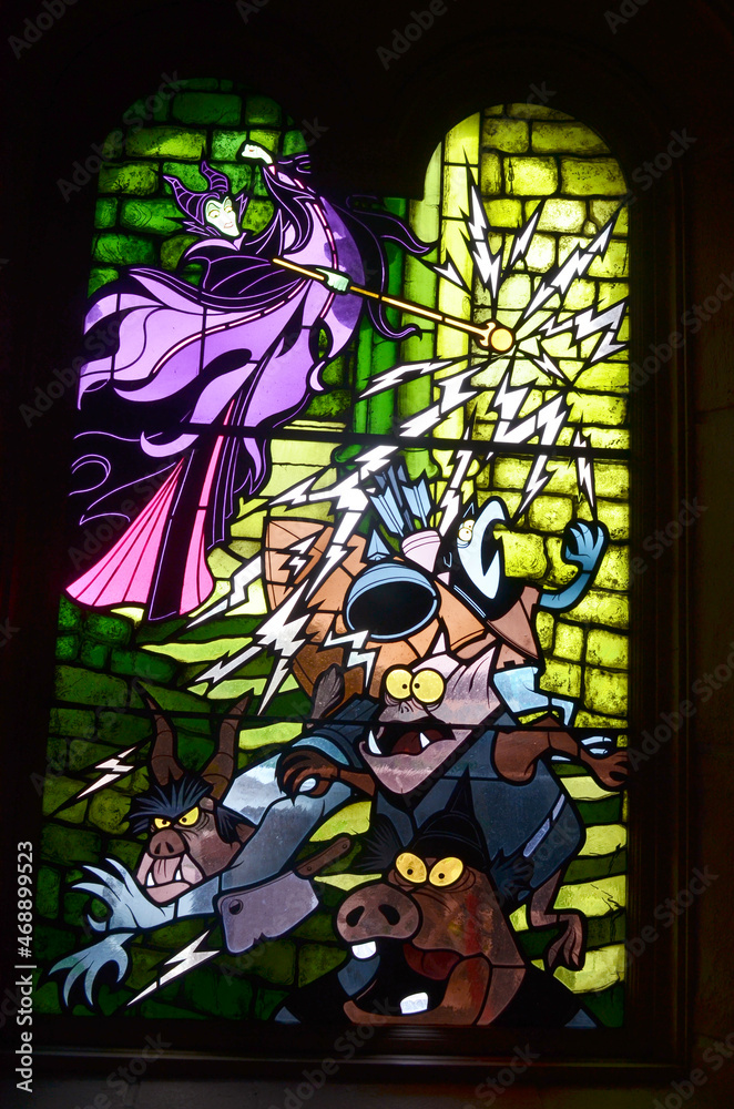 Colorful Disney Stain glass window from sleeping beauty, situated in ...