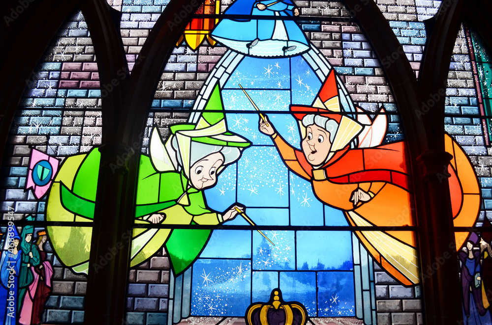 Colorful Disney Stain glass window from sleeping beauty, situated in ...