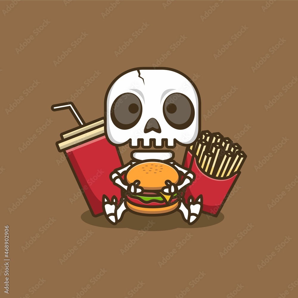 cute cartoon skull character with burger, fries and soft drink. vector ...