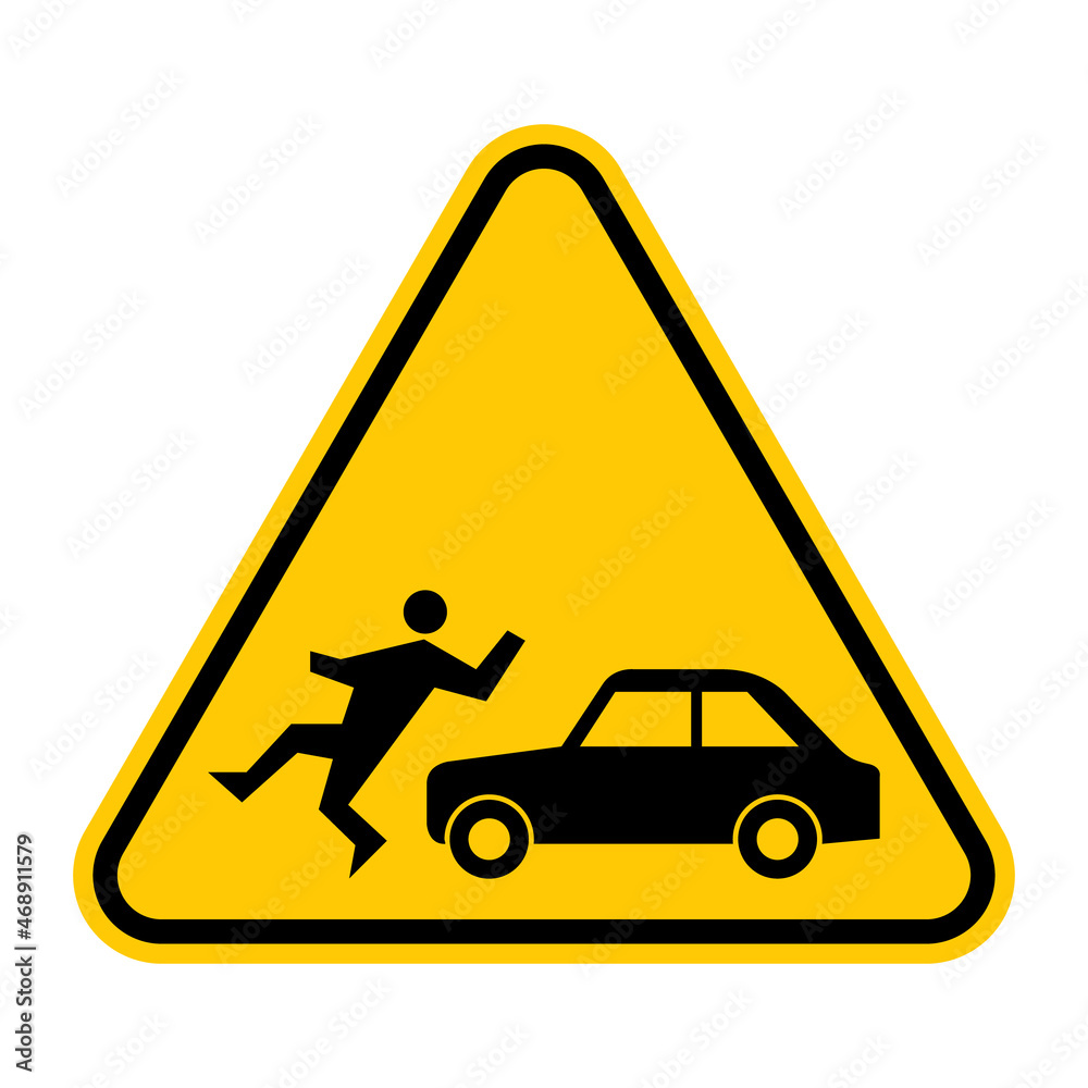 Accident with pedestrian warning sign. Vector illustration of yellow ...