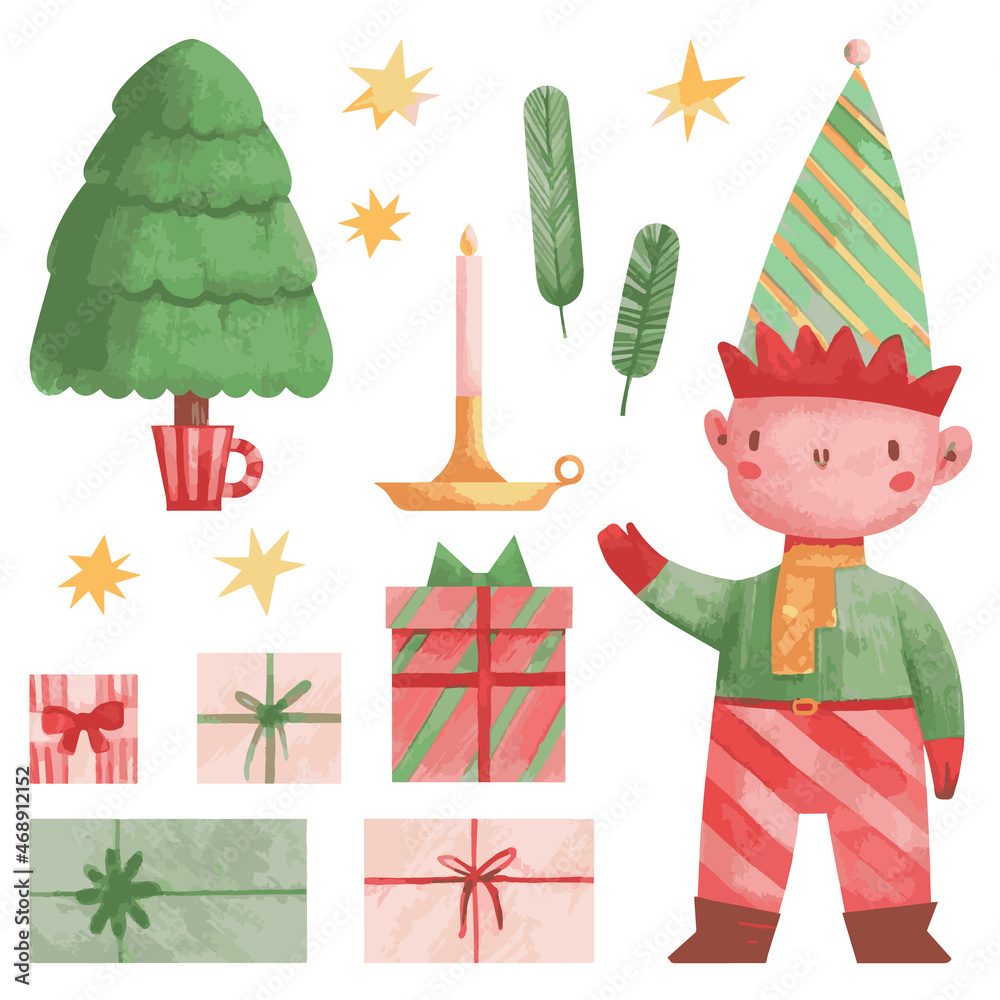 christmas hand drawn watercolor set of isolated elements. separated ...