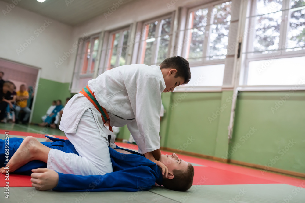 Two judo fighters showing technical skill while practicing martial arts ...