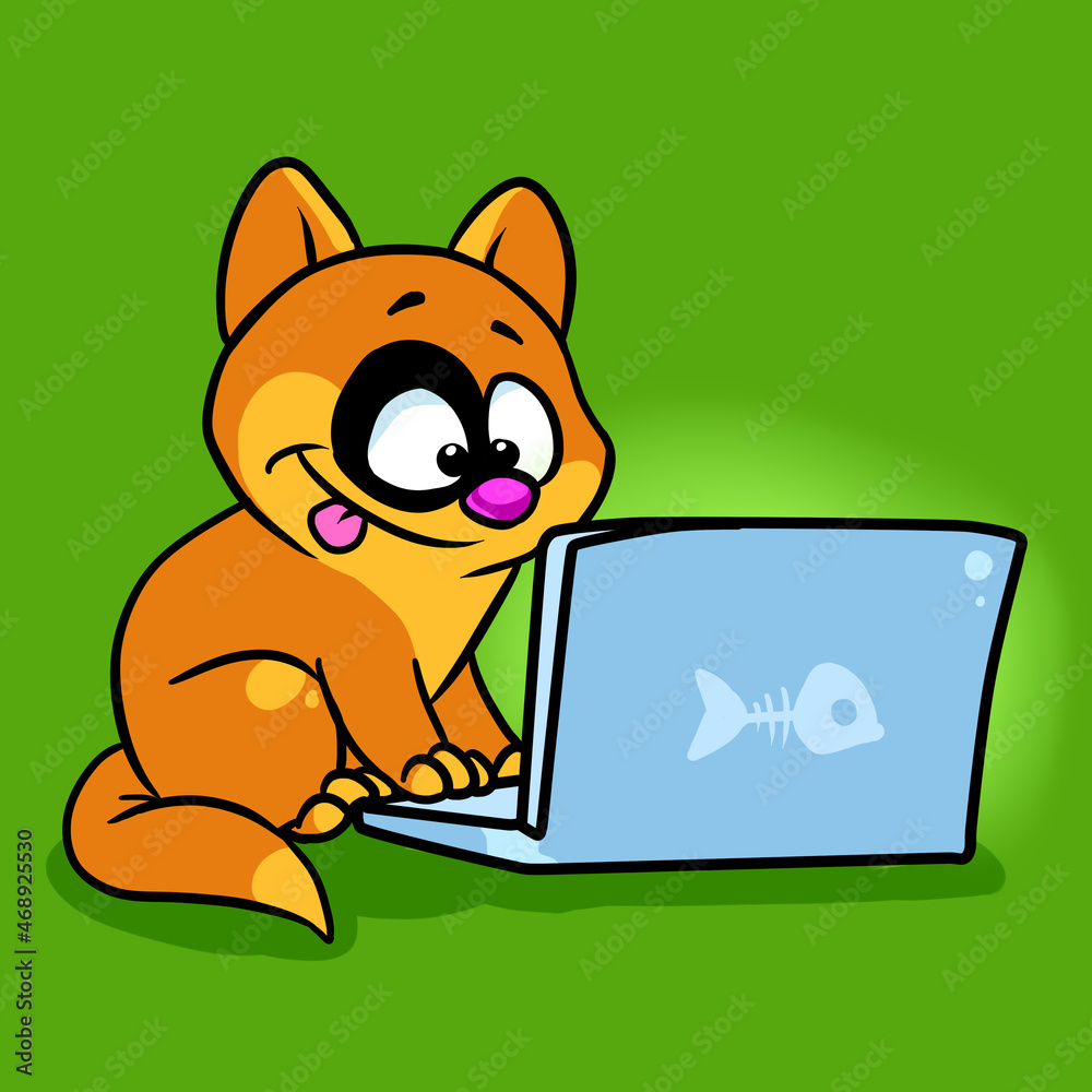 Joy cat looking computer laptop illustration cartoon Stock Illustration ...