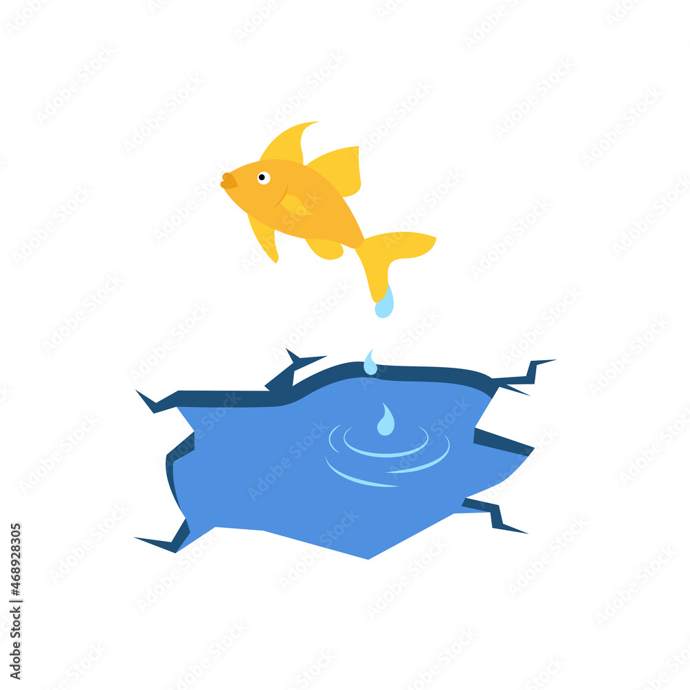 Winter fishing. Fish jumping from water, hole in ice, cracked ice ...