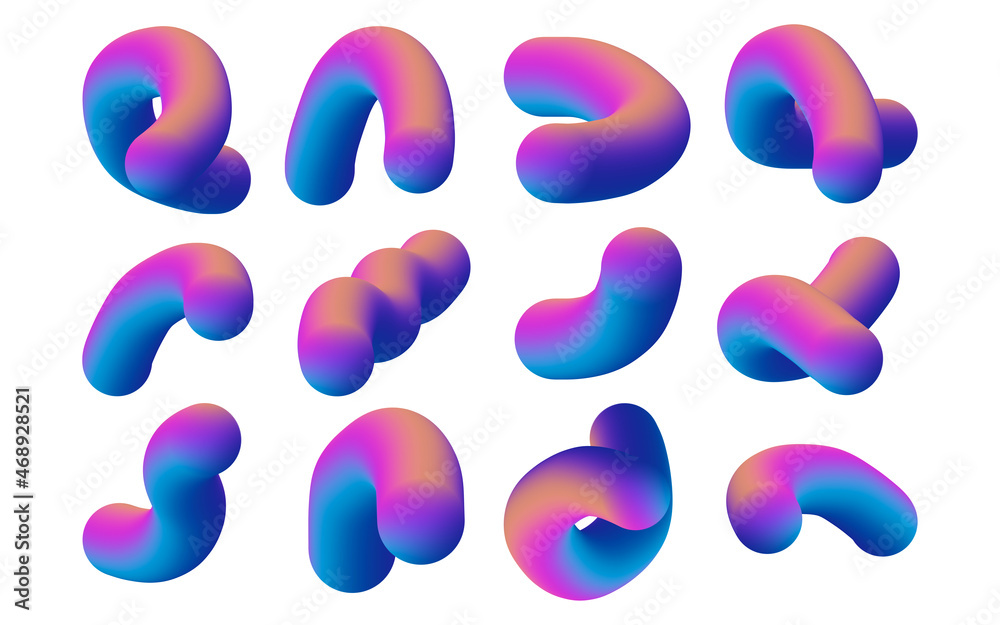 set of 3d fluid amorphous in gradient multiple colors. abstract shapes ...