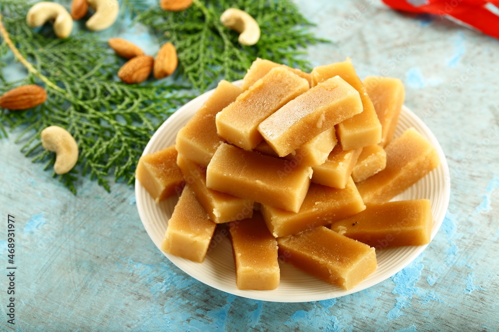 Plate of Indian milk cake known as Mysore pak. Stock Photo | Adobe Stock