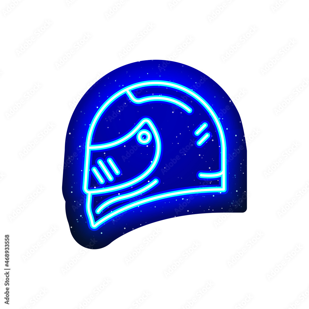 Neon blue biker helmet sign. Midnight blue. Race with neon. helmet ...