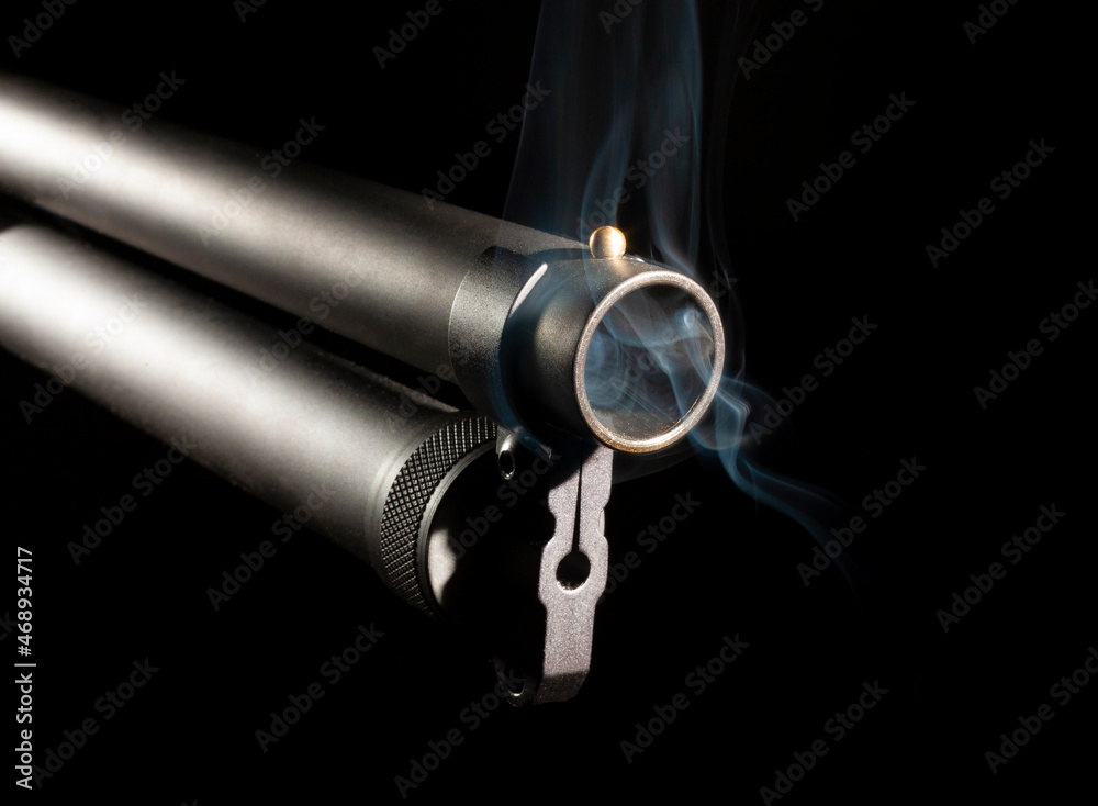 Muzzle of a shotgun with smoke coming out foto de Stock | Adobe Stock