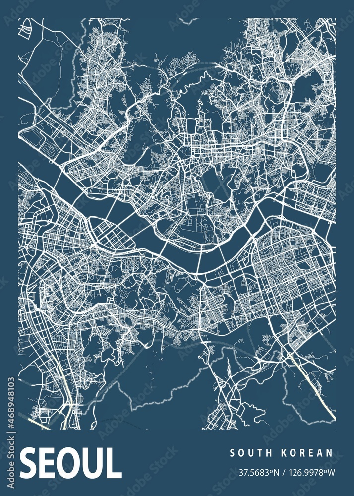 Seoul - South Korean Blueprint City Map Stock Illustration | Adobe Stock