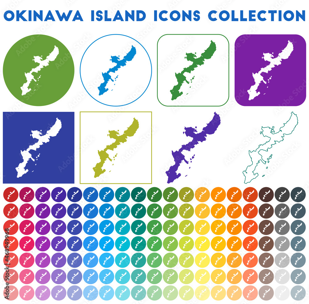 Okinawa Island icons collection. Bright colourful trendy map icons ...