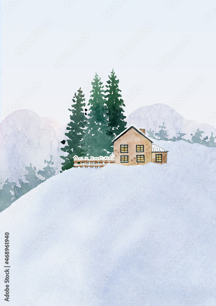 winter forest landscape clipart, watercolor woodland christmas house ...